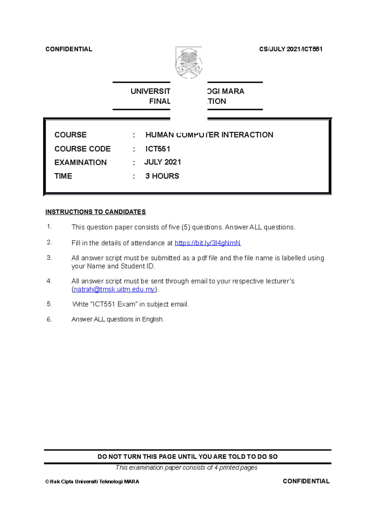 Kertas Soalan July 2021(ICT551) - Computer - UiTM - Studocu