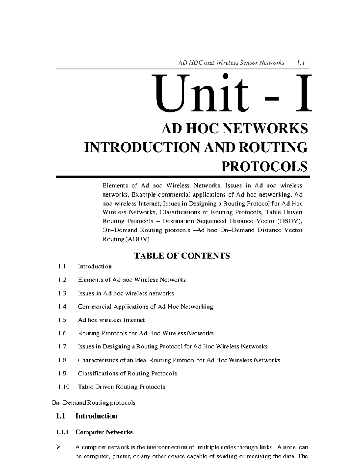 Unit 3 Adhoc Routing Protocol Unit I Ad Hoc Networks Introduction And Routing Protocols