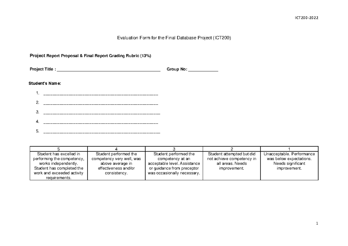 Rubric Project ICT200 (report +presentation) - Evaluation Form for the ...
