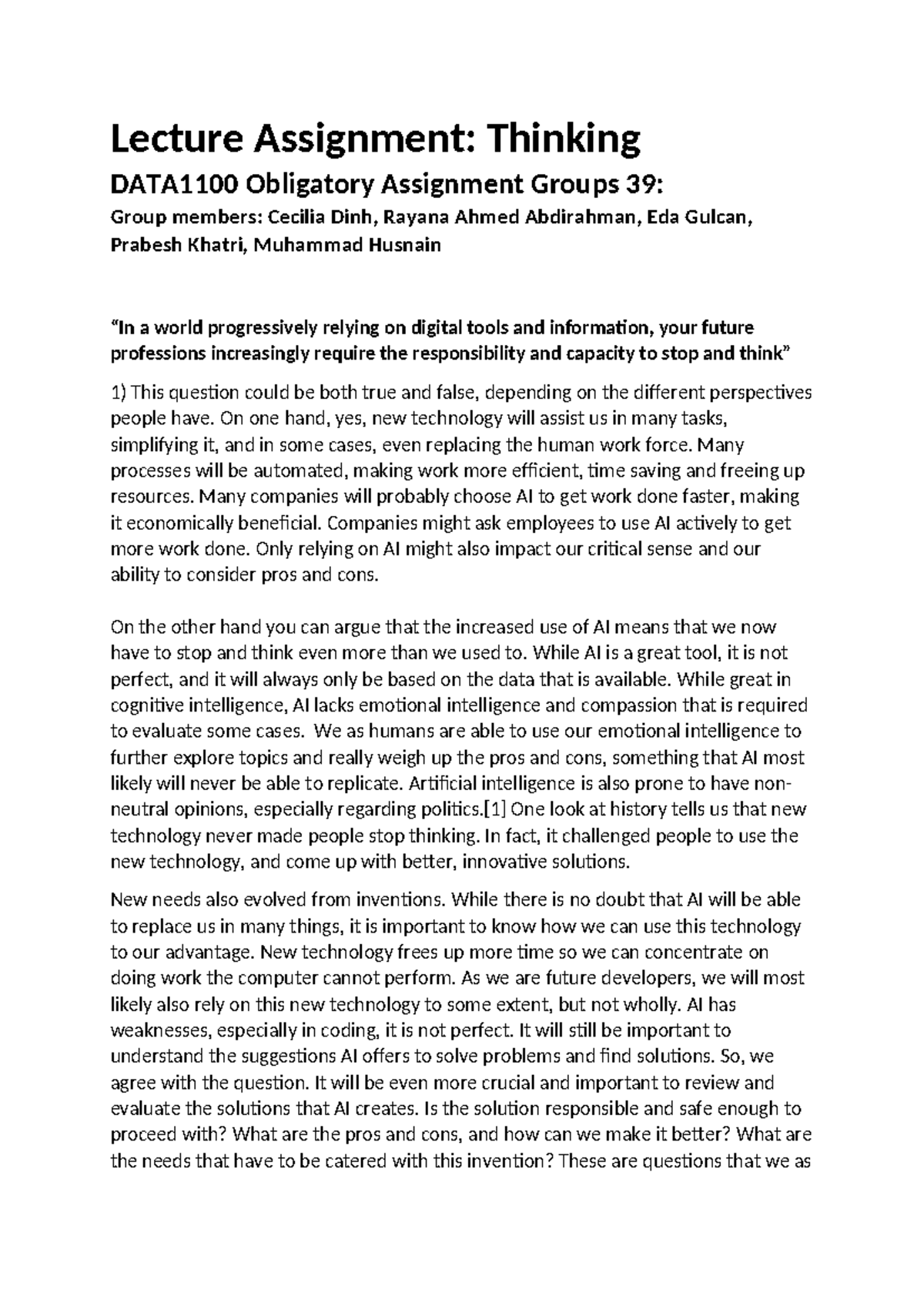 Lecture Assignment Thinking - Lecture Assignment: Thinking DATA1100 Obligatory Assignment Groups ...