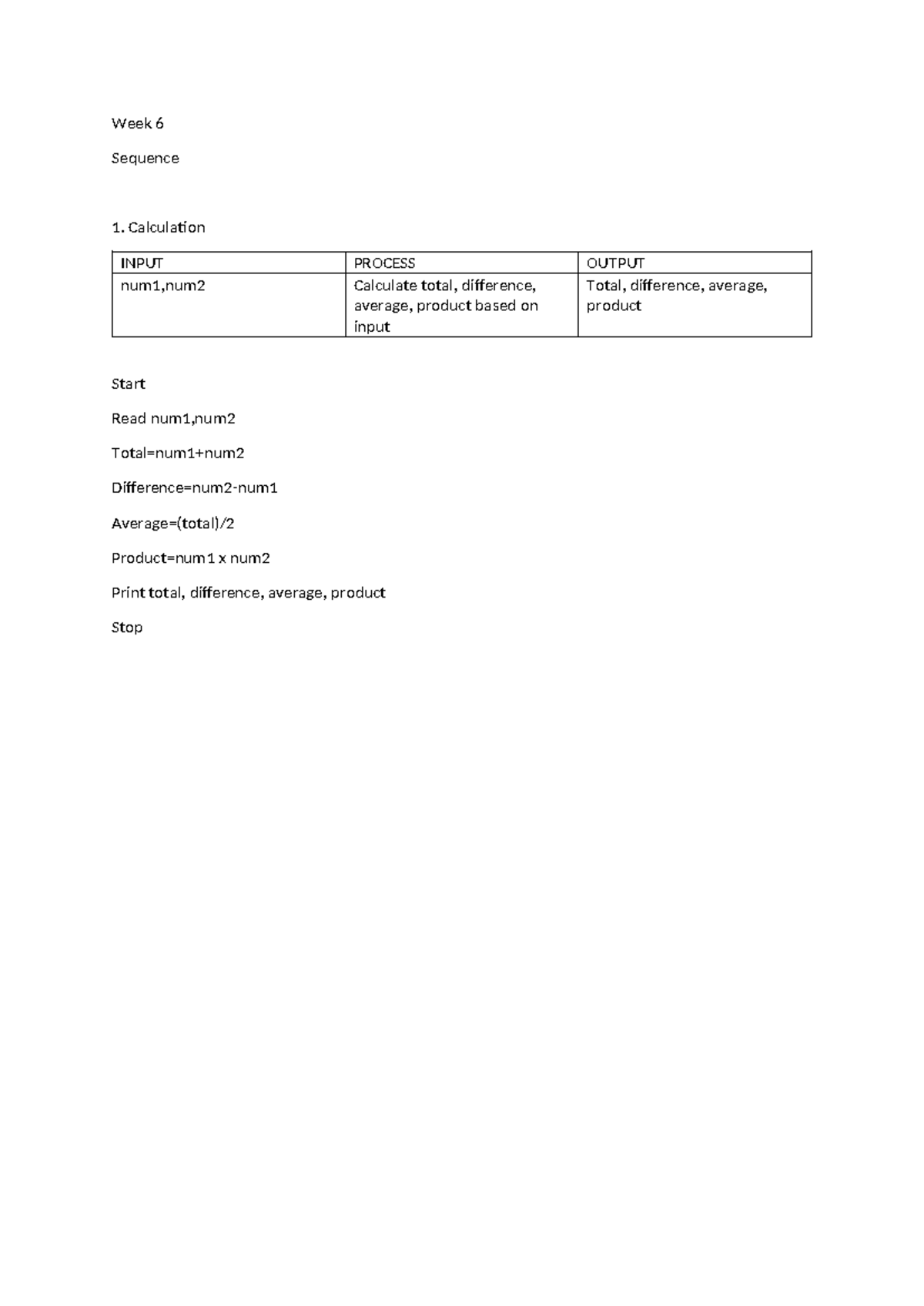 Sequence Week 6 Computer Science Week 6 Sequence Calculation Input Process Output Num1num2