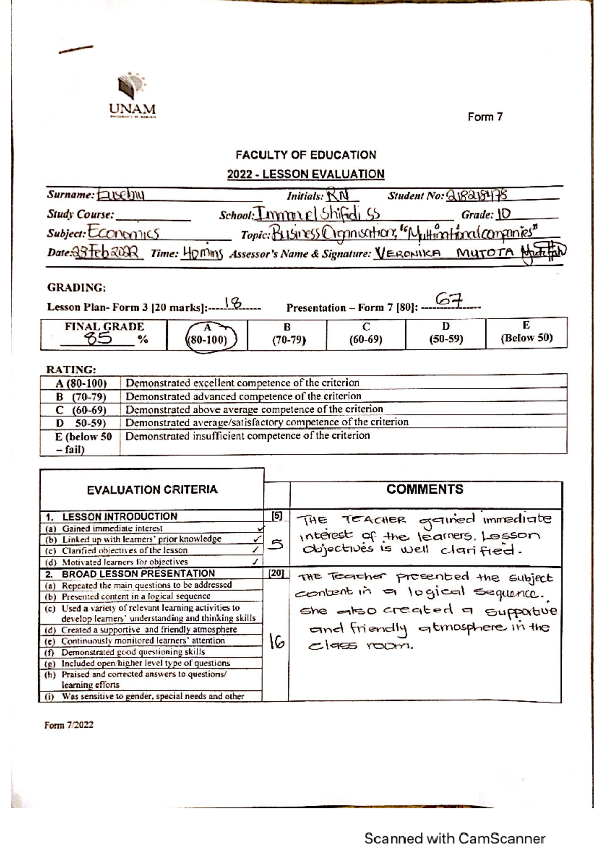Form 7 by mentor teacher - Education - Studocu