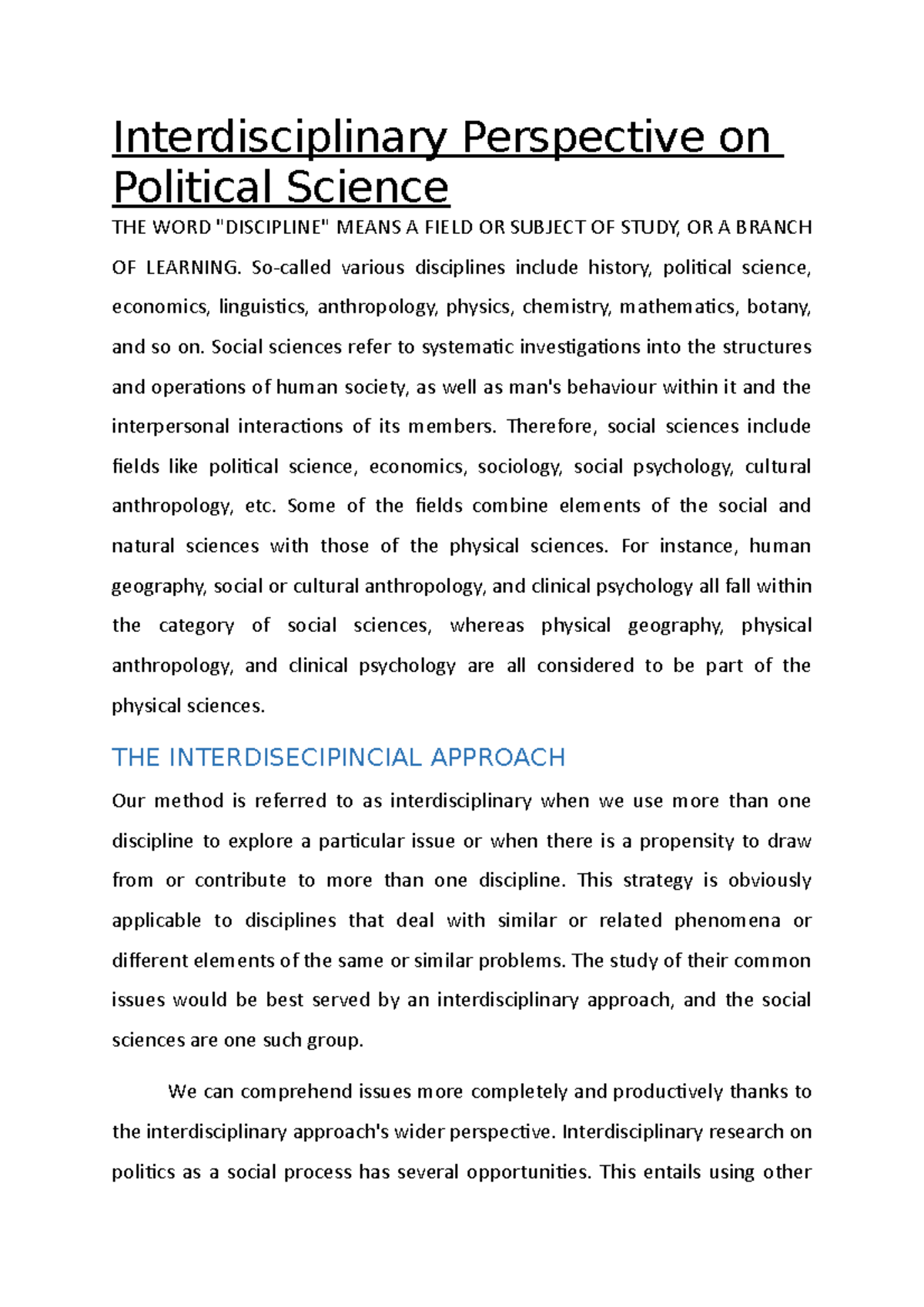 Interdisciplinary Perspective on Political Science - Interdisciplinary ...