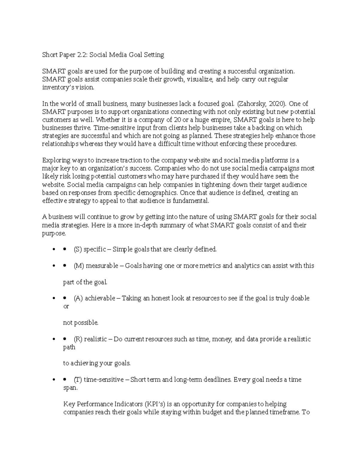 2-2 social media - N/A - Short Paper 2: Social Media Goal Setting SMART ...