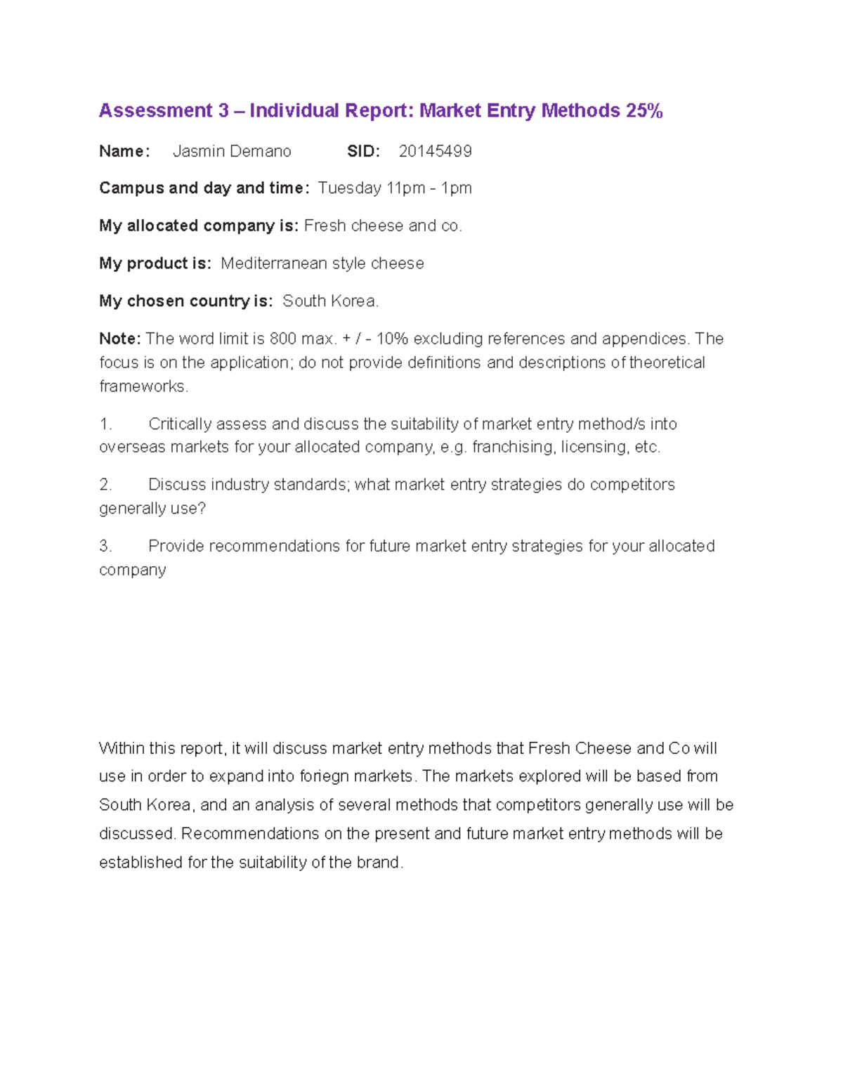 International Marketing Assignment 3 - Report Final - Assessment 3 ...