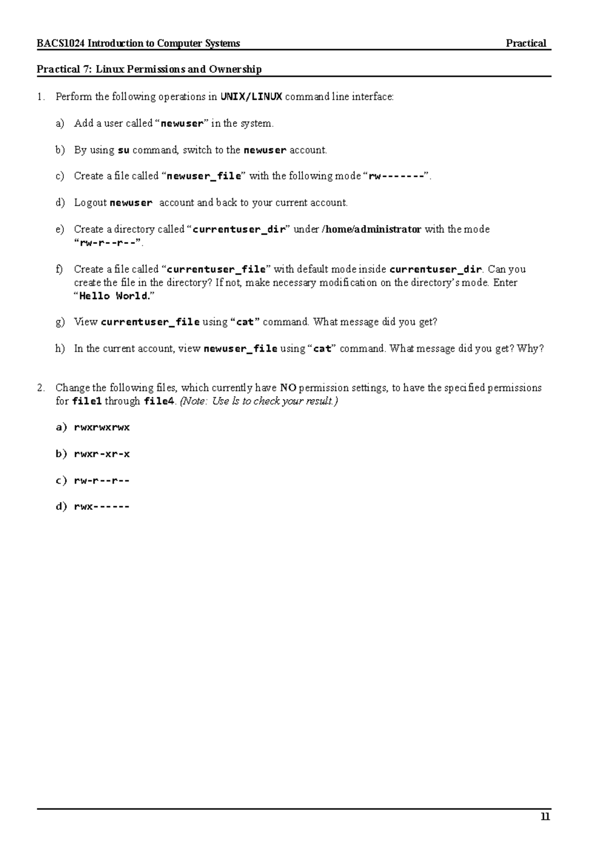 Practical 7 - BACS1024 Introduction to Computer Systems Practical Practical 7: Linux Permissions ...
