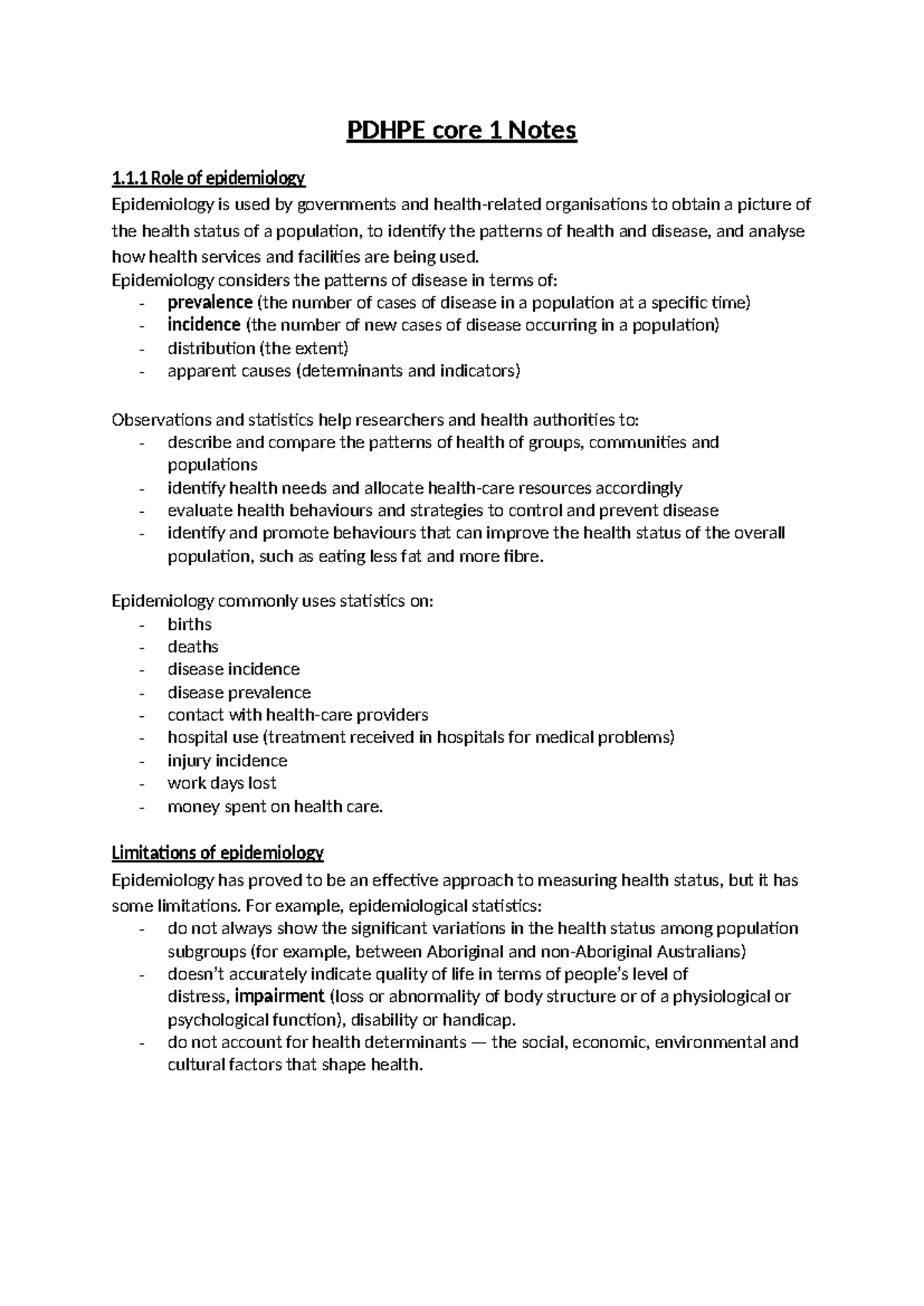 Pdhpe core 1 Notes - PDHPE core 1 Notes 1.1 Role of epidemiology ...