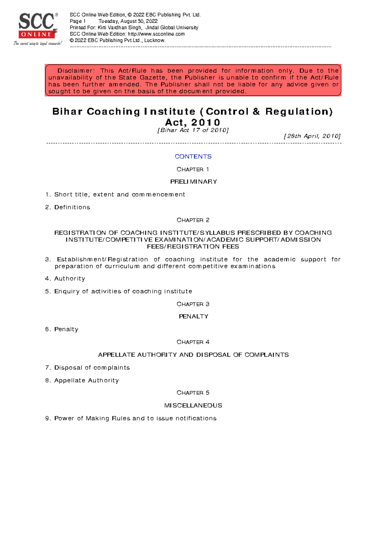 Bihar Coaching Institute Control - Disclaim er : This Act / Rule has ...