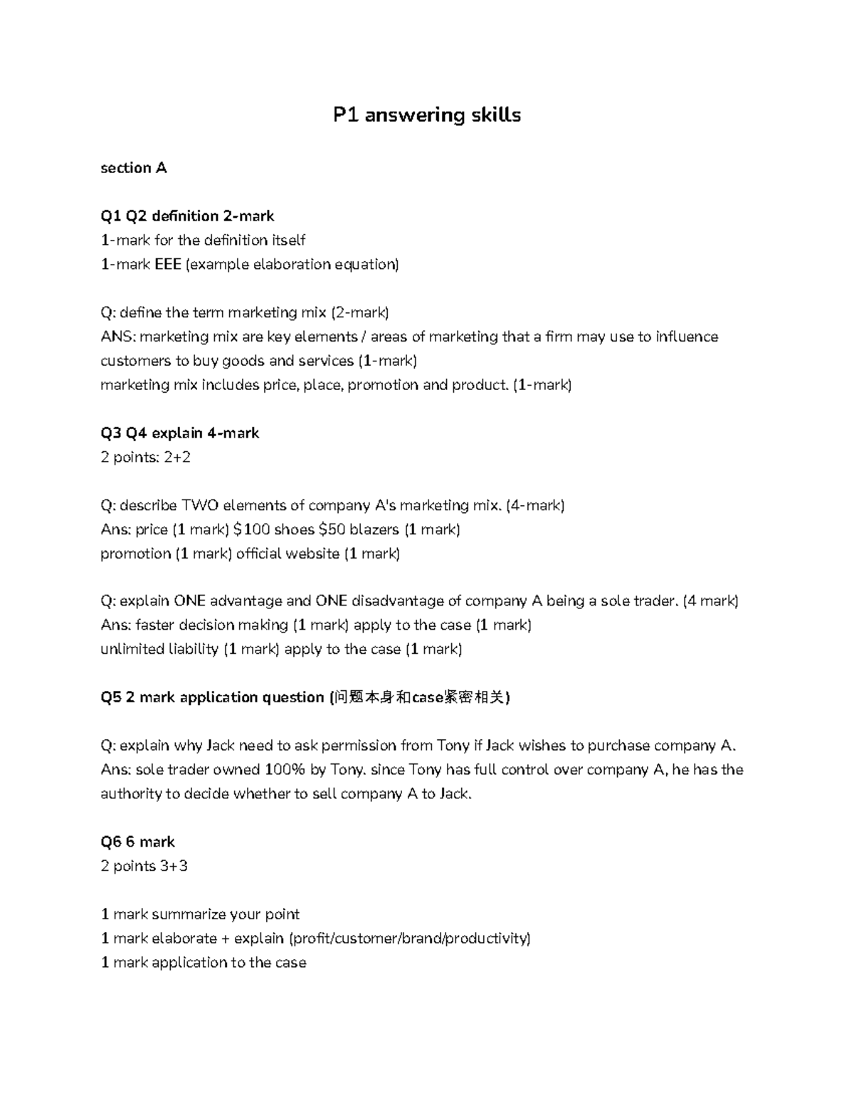 Business P1 answering skills - P1 answering skills section A Q1 Q2 ...