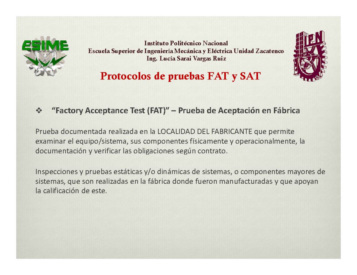 Protocolos DE Pruebas FAT Y SAT - “Factory Acceptance Test (FAT ...