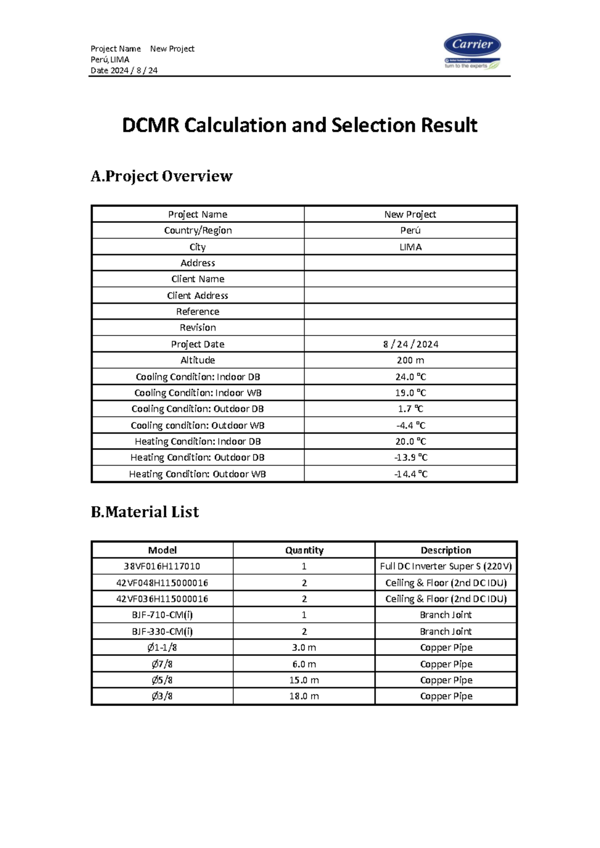DCMR Calculation and Selection Result ALT 1 - Perú,LIMA Date 2024 / 8 ...