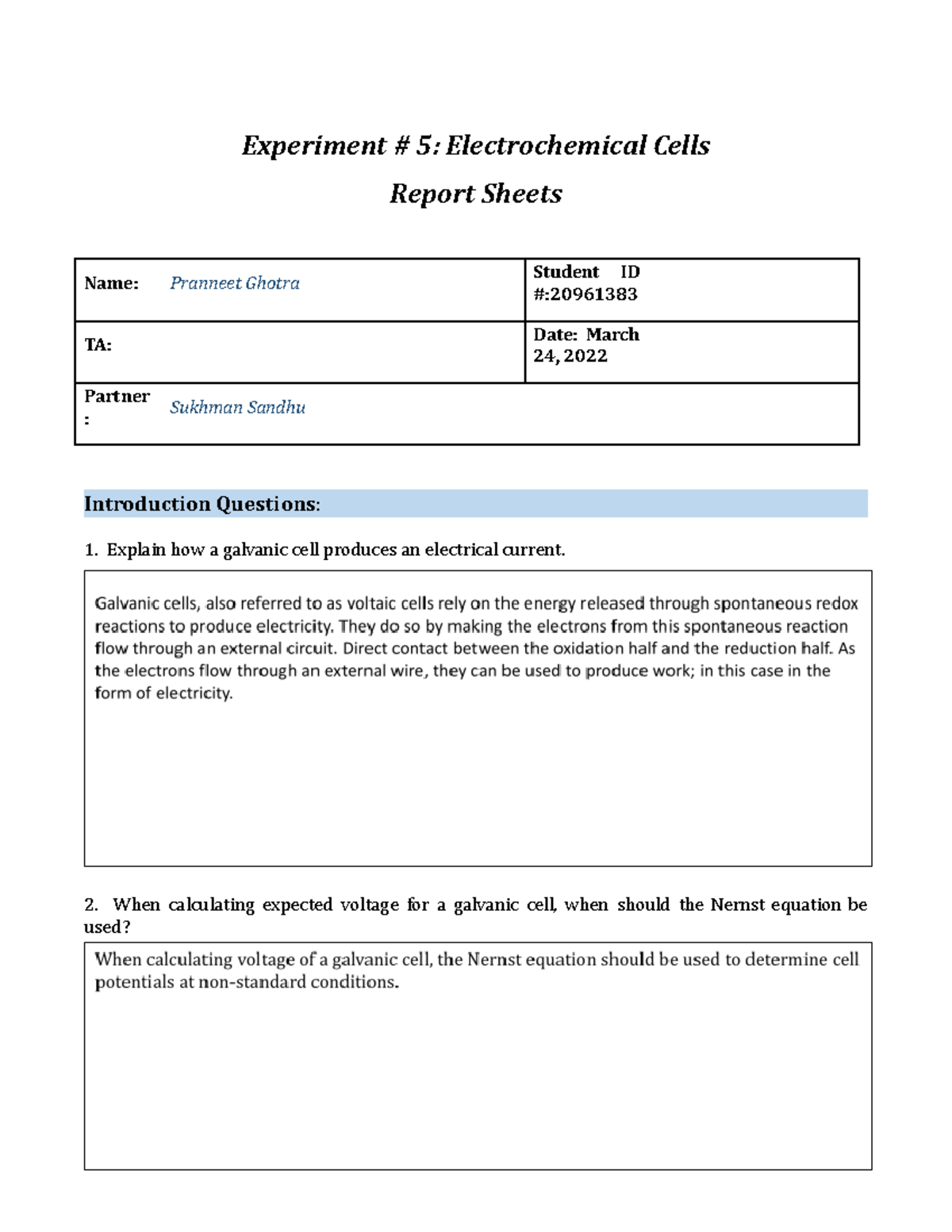 Ex5 Electrochemical cells report template - Experiment # 5 ...