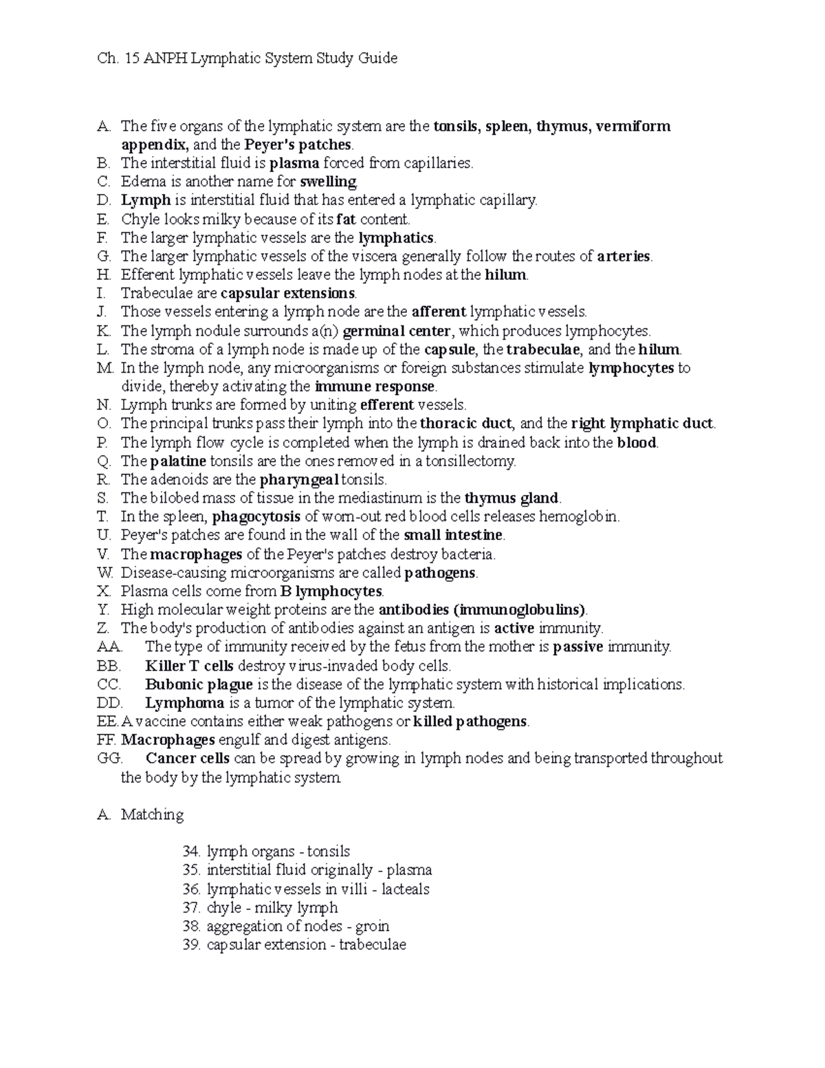 Ch. 15 ANPH Lymphatic System Study Guide - A. The five organs of the ...