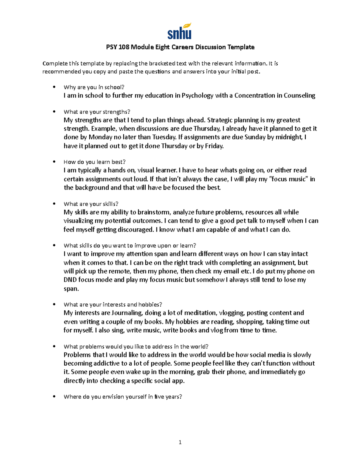 PSY 108 Module Eight Careers Discussion Template - PSY 108 Module Eight ...