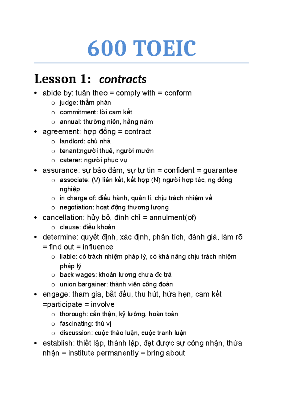 600 toeic - tu hoc - 600 TOEIC Lesson 1: contracts abide by: tuân theo ...