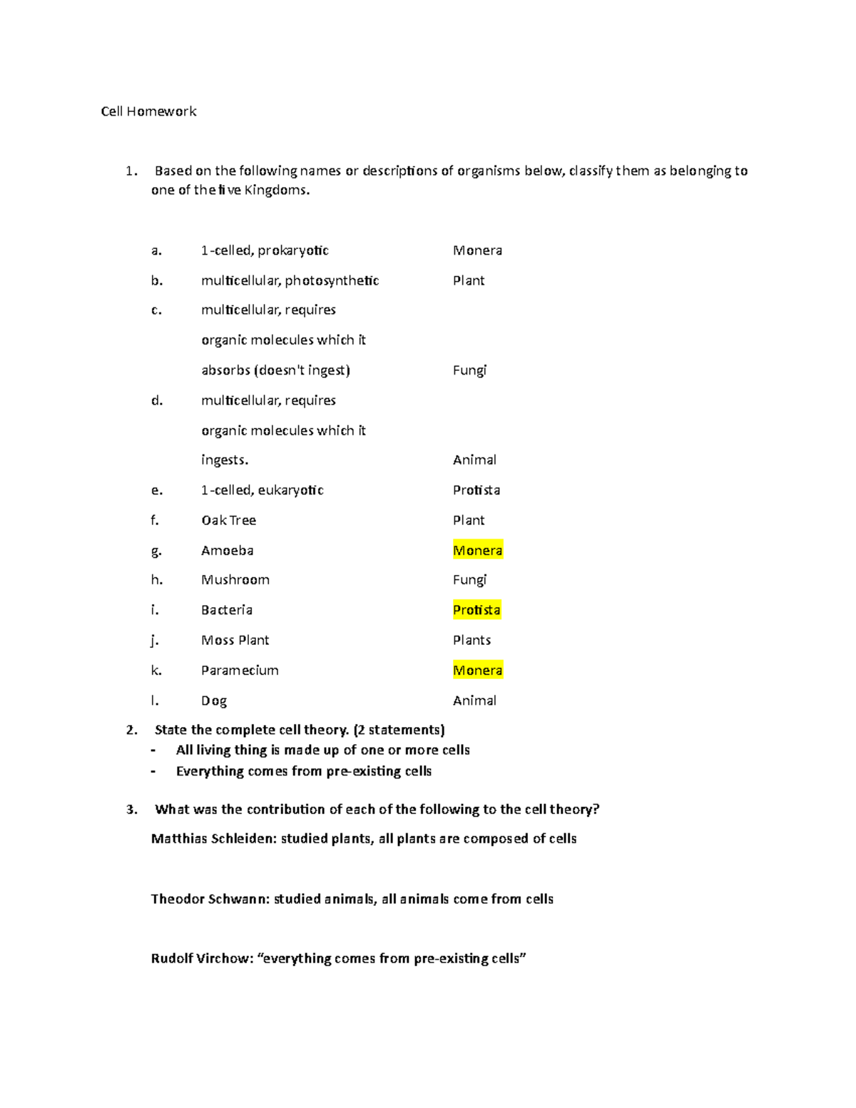 Cell Homework - Cell HW - Cell Homework Based on the following names or ...