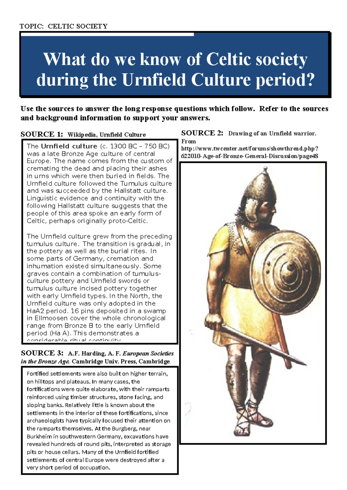 3. Urnfield Culture Sources Task - TOPIC: CELTIC SOCIETY SOURCE 1 ...