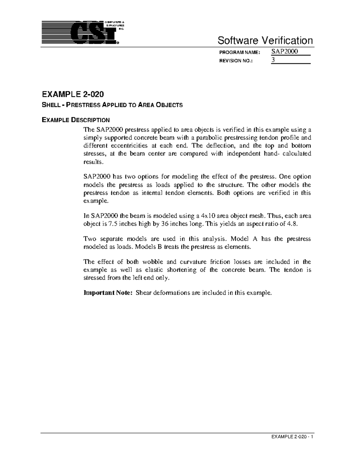 Problem 2-020 - sap2000 - INC. R Software Verification PROGRAM NAME: SAP REVISION NO.: 3 EXAMPLE ...