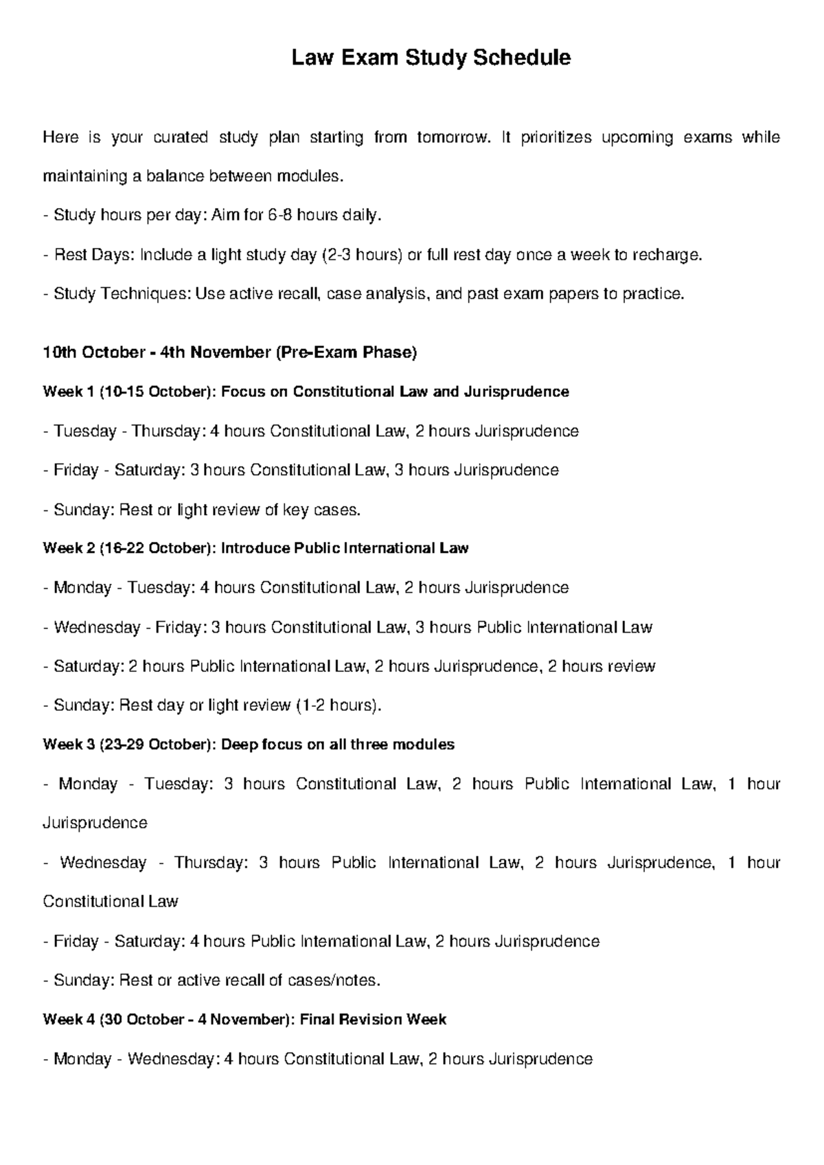 Law Exam Study Schedule - It prioritizes upcoming exams while ...