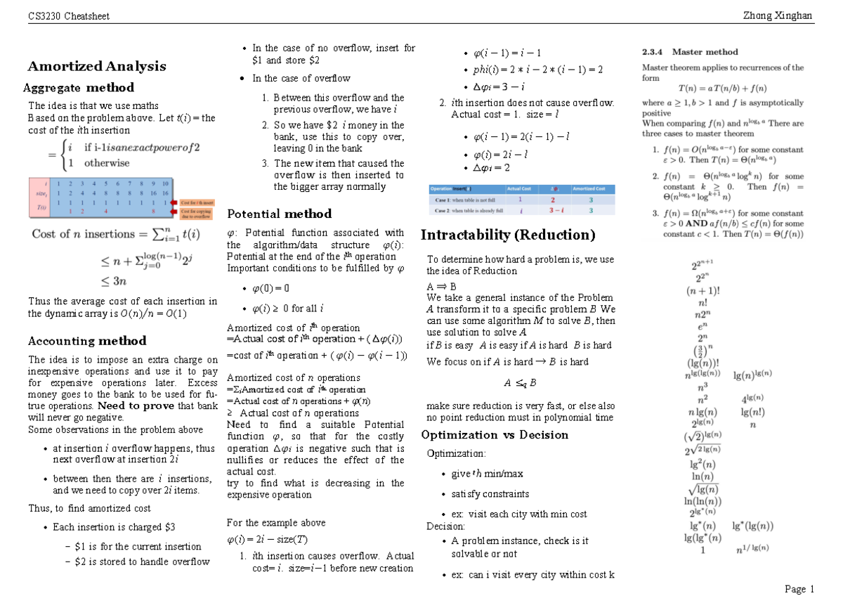 CS3230 cheat sheet final - CS3230 Cheatsheet Zhong Xinghan Page 1 ≥ Amortized Analysis Aggregate ...