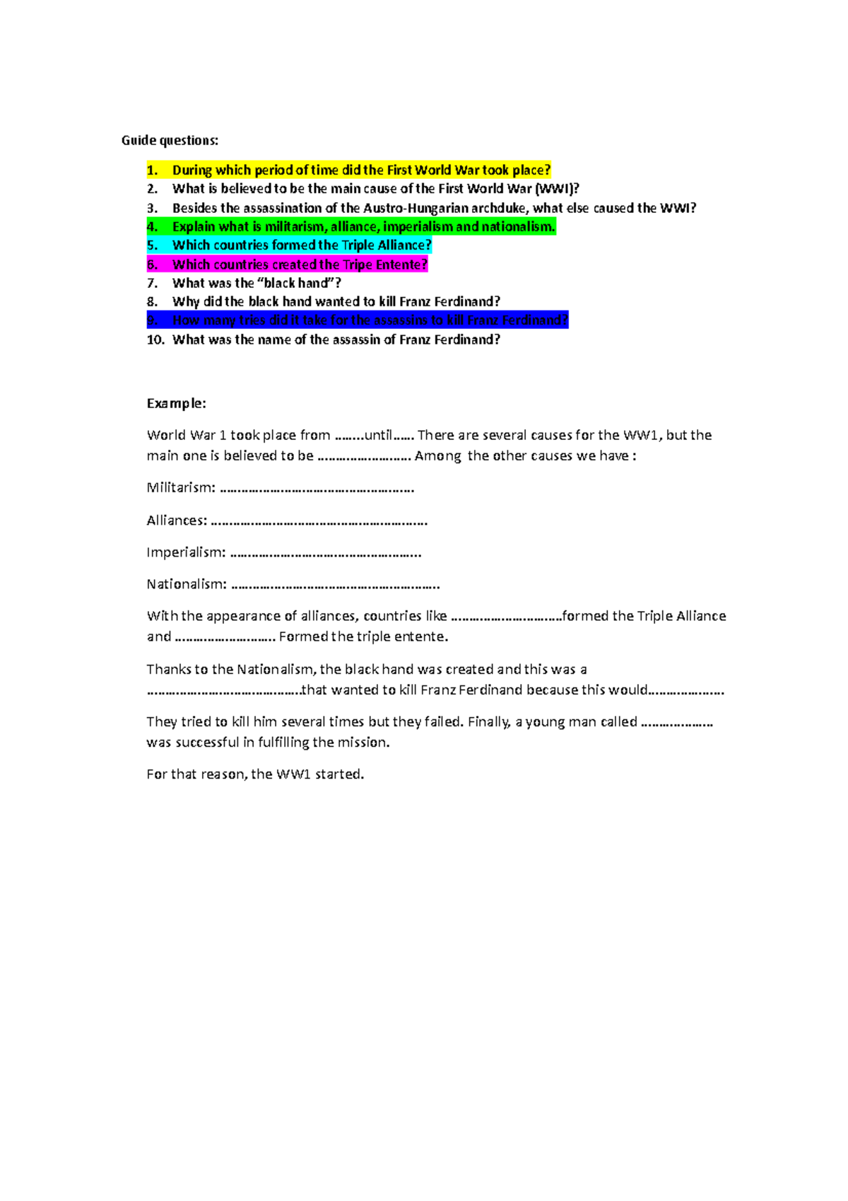 World WAR I Questions - cuestionario - Guide questions: 1. During which ...