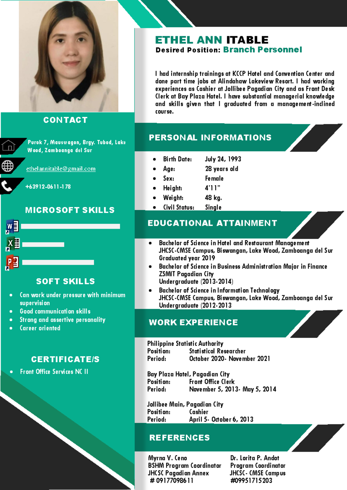 Ethel Resume version 2 - Education - CONTACT ETHEL ANN ITABLE Desired ...
