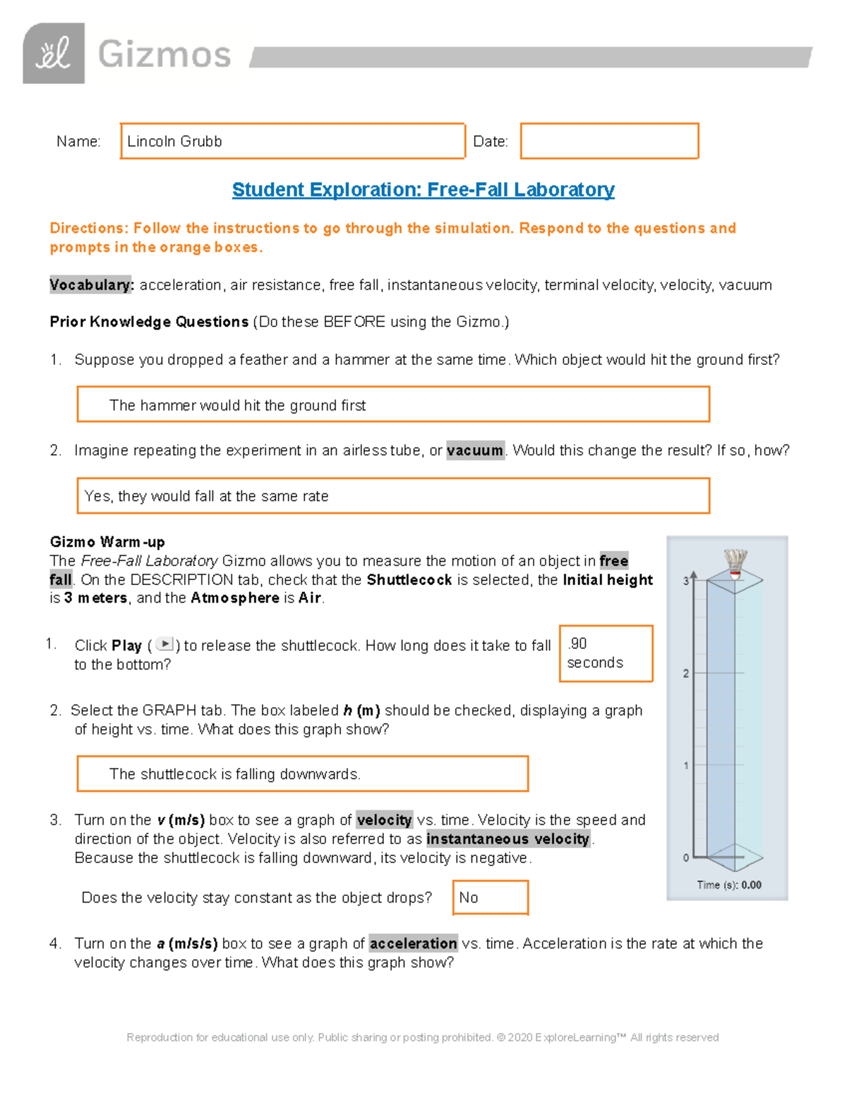 Gizmo Free Fall Lab Falling Obj HON - Name: Lincoln Grubb Date: Student ...