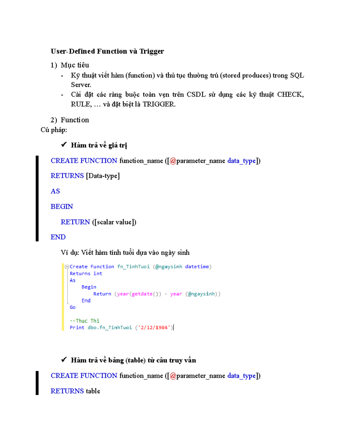 [ Ltcsdl]T SQL-Trigger - User-Defined Function và Trigger 1) Mục tiêu ...