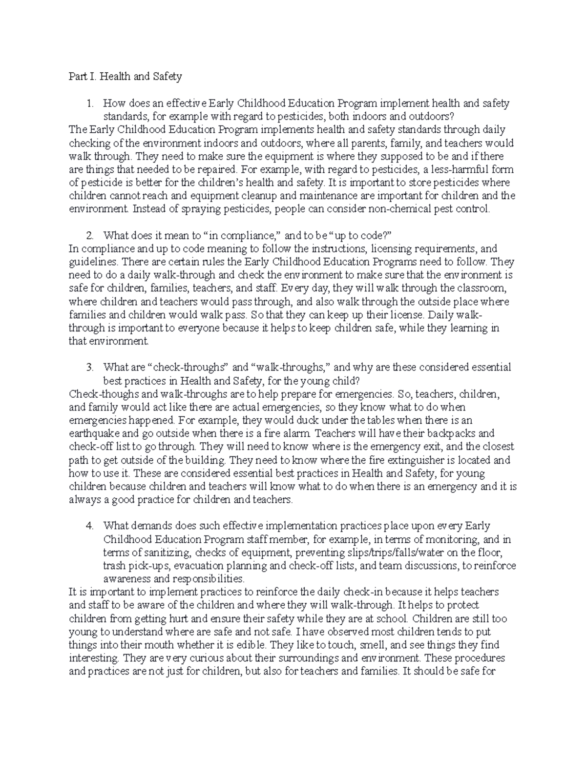 Short Essay Questions - Part I. Health and Safety How does an effective ...