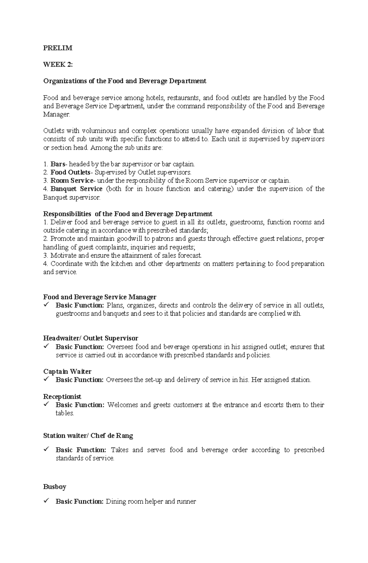 WEEK 2A- FFSO Lecture-Organizations pf Food and Beverage Department - PRELIM WEEK 2 ...