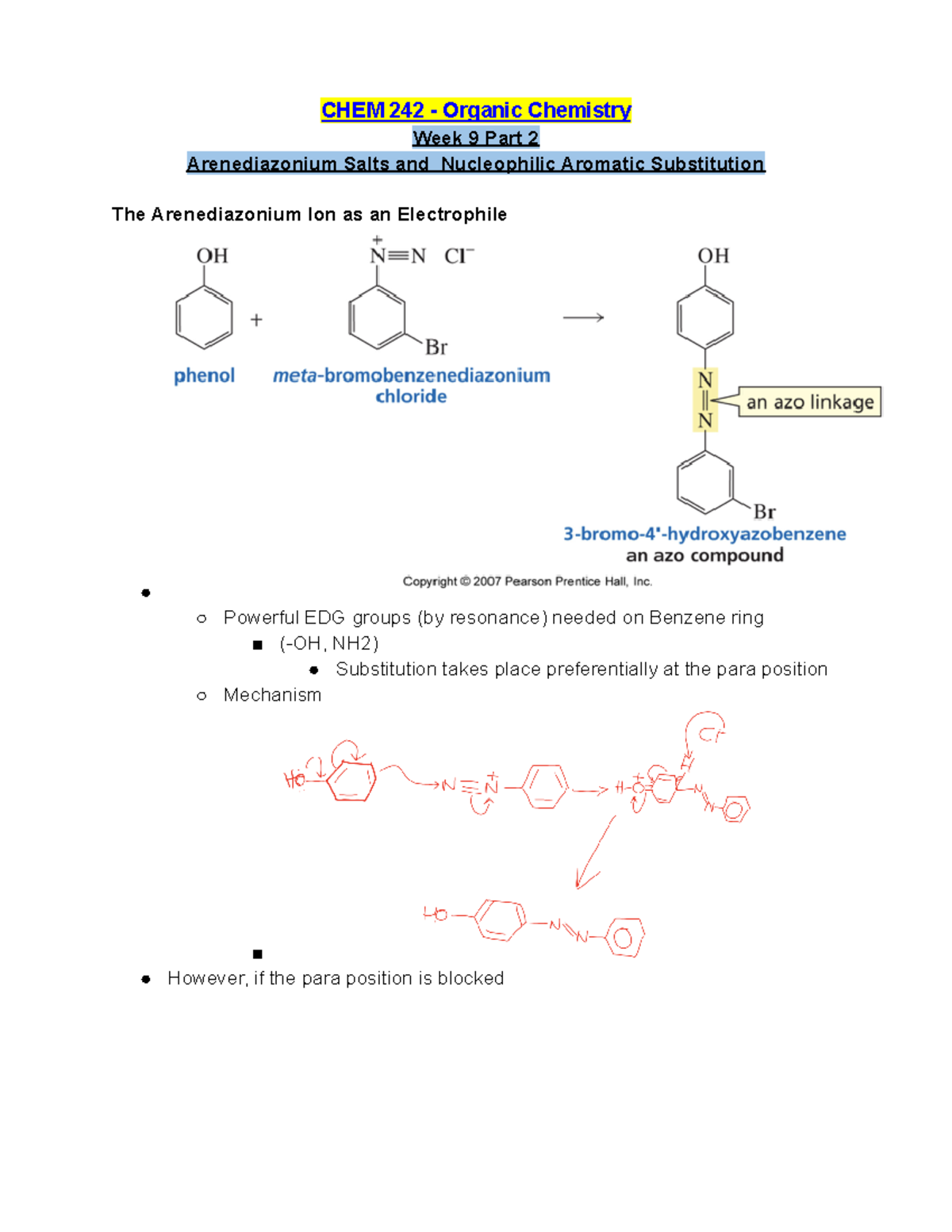 CHEM 242 Weeks 9 Lecture Notes Part 2 - Arenediazonium Salts and ...