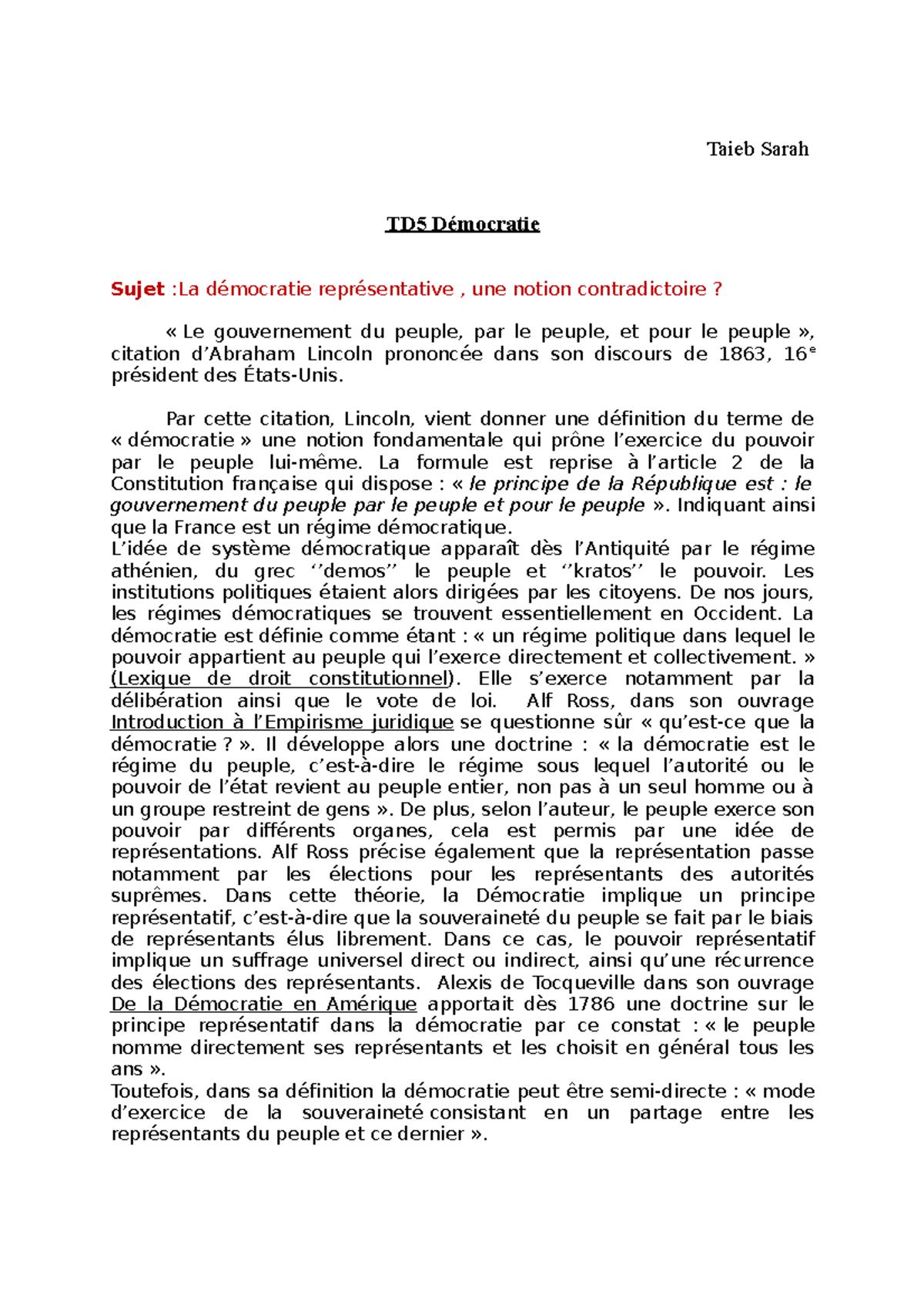 TD5 - merci - Taieb Sarah TD5 Démocratie Sujet :La démocratie représentative , une notion - Studocu