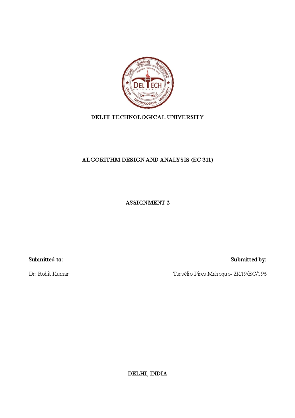 Assignment 2 - Design And Analysis Of Algorithms - Studocu