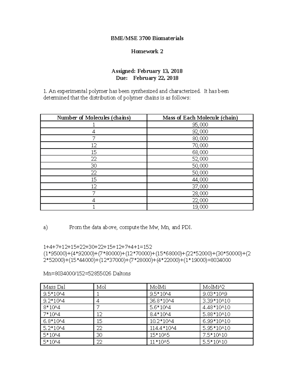 Homework 2 BME 3700 - BME/MSE 3700 Biomaterials Homework 2 Assigned: February 13, 2018 Due ...