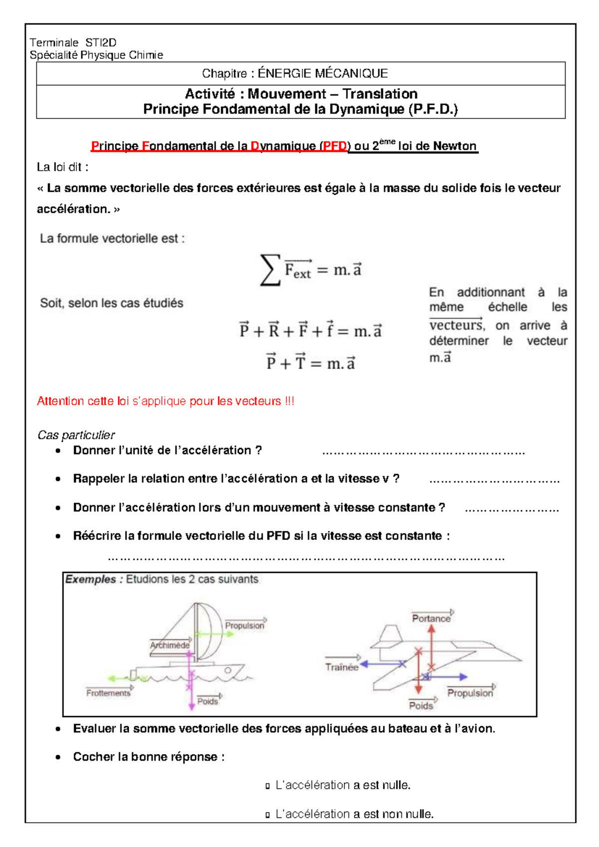FA PFD TSTI2D 2022 - Cours Principe fondamental Dynamique - Terminale STI2D Spécialité Physique ...