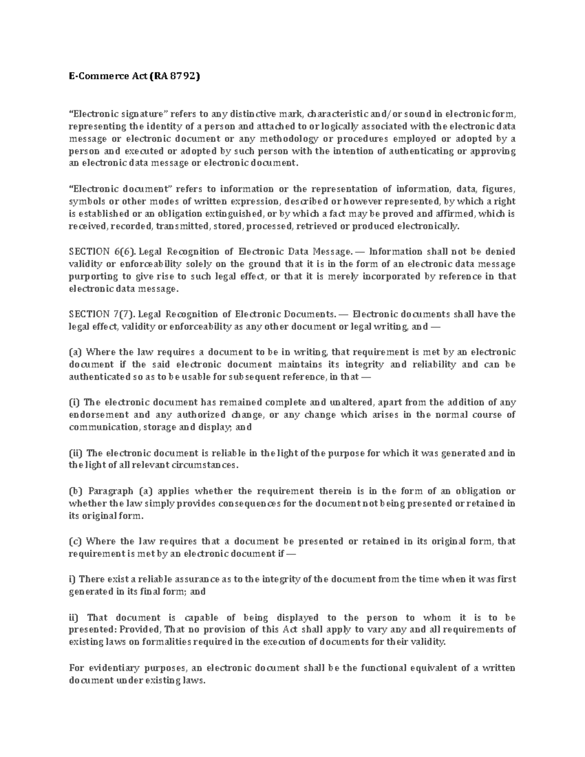 E-Commerce Act notes - “Electronic signature” refers to any distinctive ...