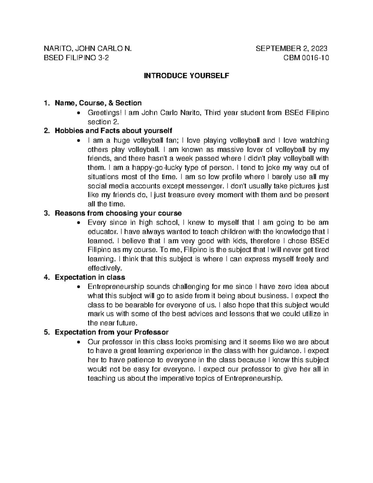 Narito Introduce- Yourself - NARITO, JOHN CARLO N. SEPTEMBER 2, 2023 ...