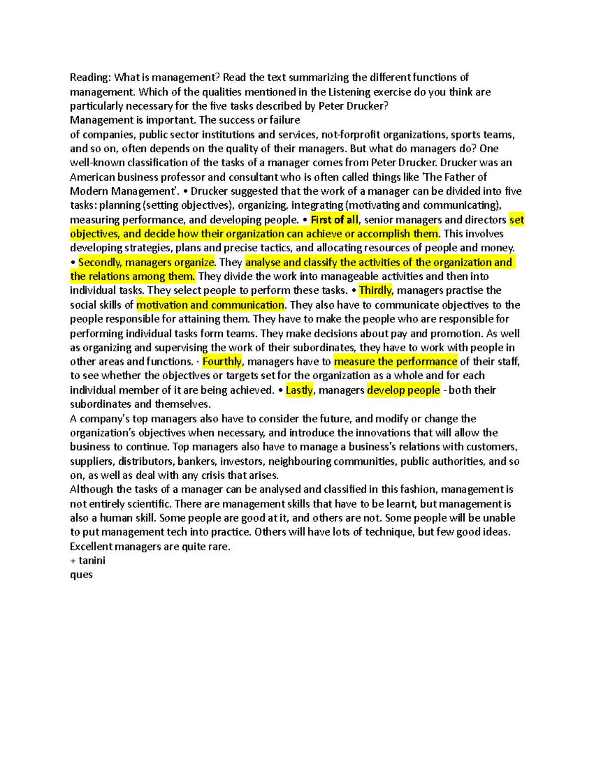 Reading - English - Reading: What is management? Read the text ...