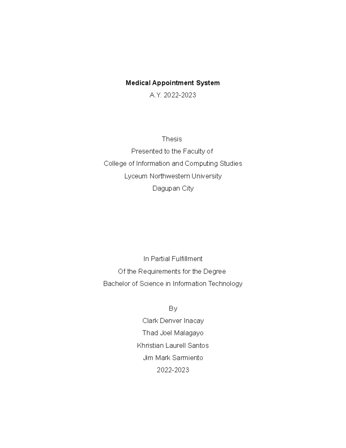 Thesis Appointment System - Medical Appointment System A. 2022- Thesis Presented to the Faculty ...