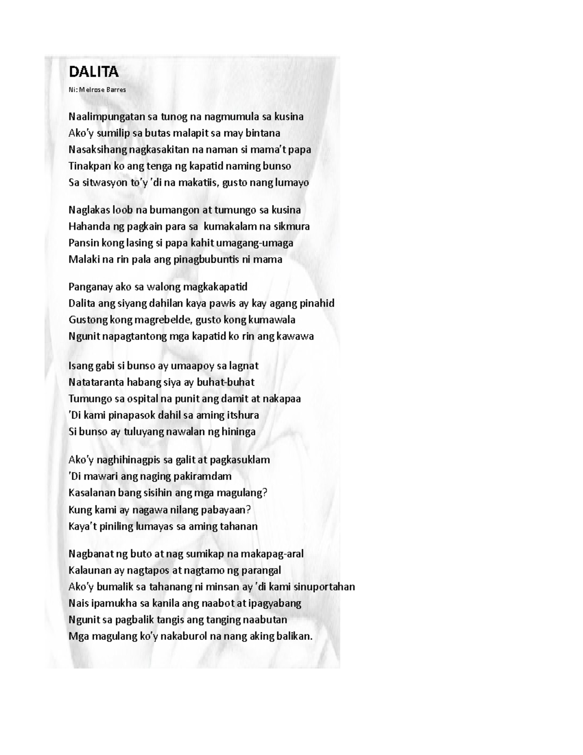 Dalita-WPS Office - Tula - DALITA Ni: Melrose Barres Naalimpungatan sa ...