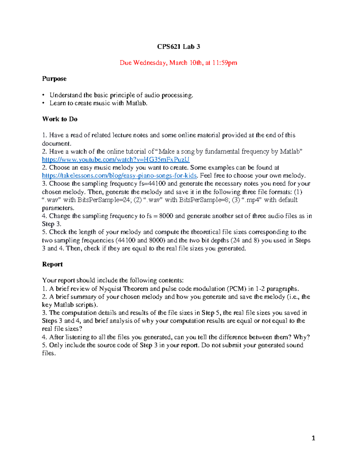 Lab3 - Summary of Lab 3 using MATLAB - 1 CPS621 Lab 3 Due Wednesday ...