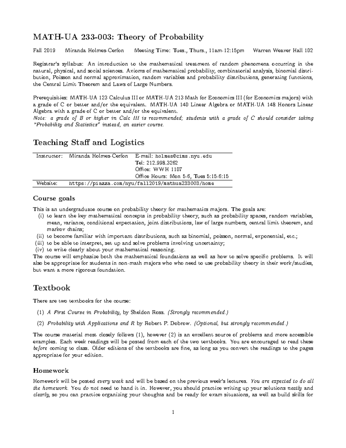 Syllabus To P2019 - MATH-UA 233-003: Theory of Probability Fall 2019 ...