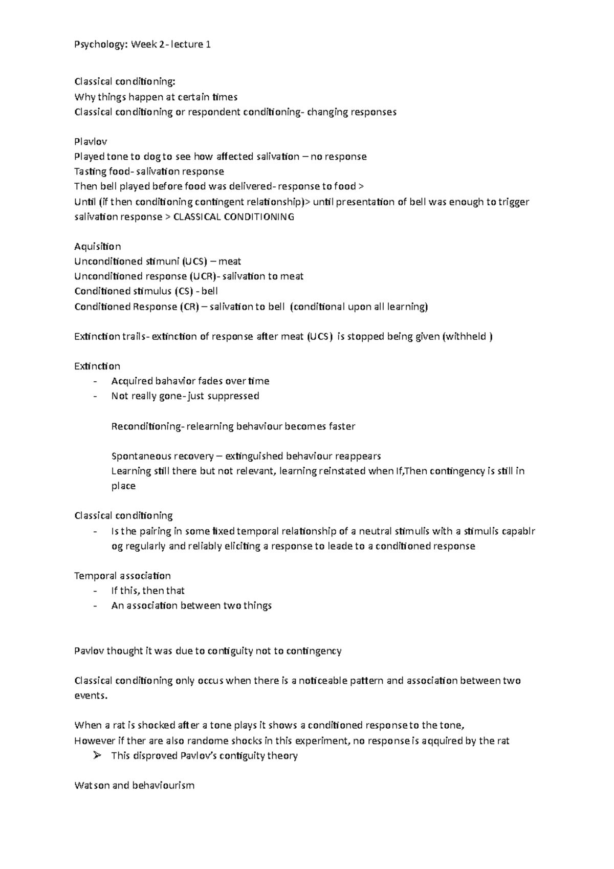 Week 2- Lecture 1 - Psychology: Week 2- lecture 1 Classical conditioning: Why things happen at ...