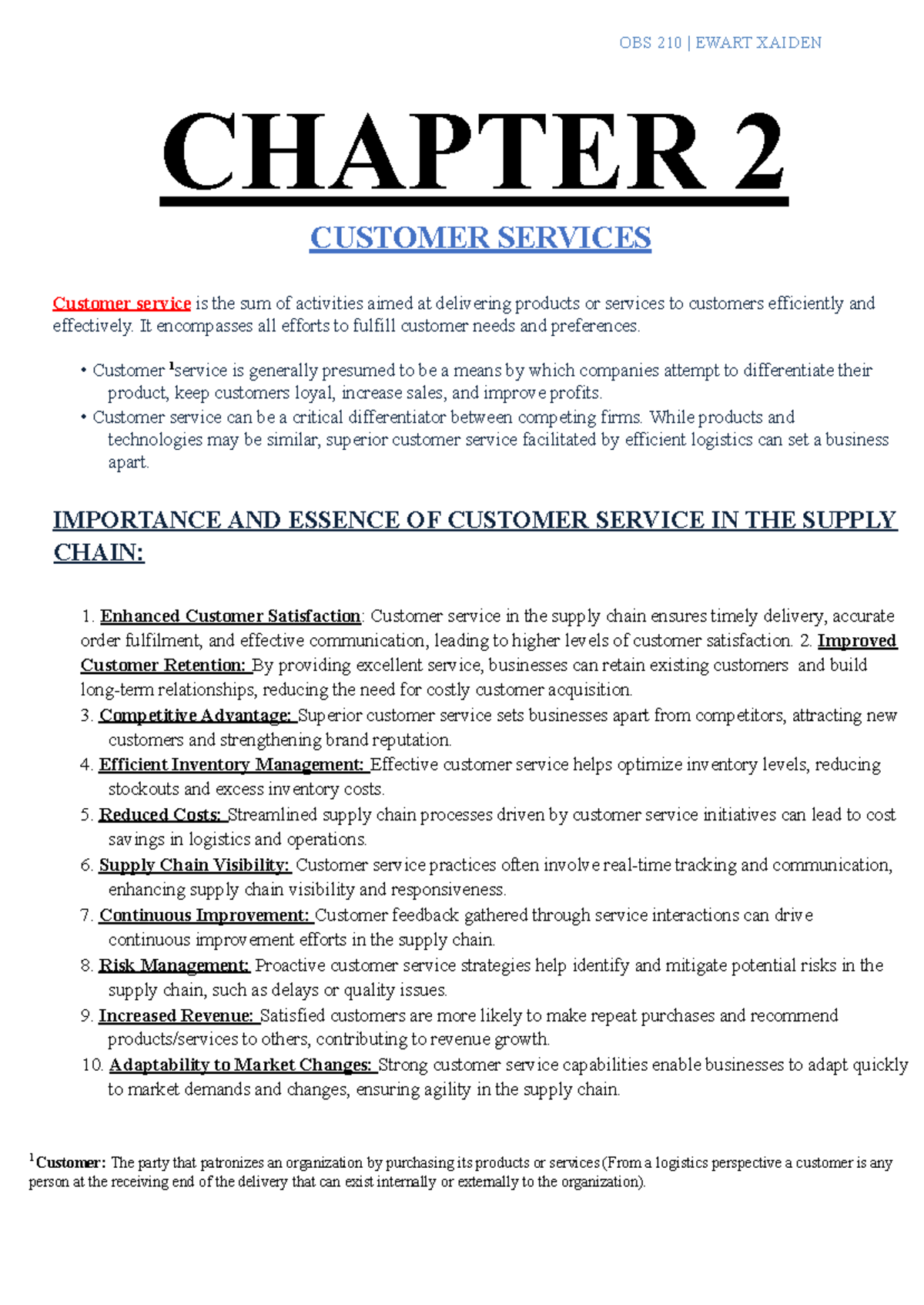 Chapter 2; Customer Services OBS 210 - OBS 210 | EWART XAIDEN CHAPTER 2 CUSTOMER SERVICES ...