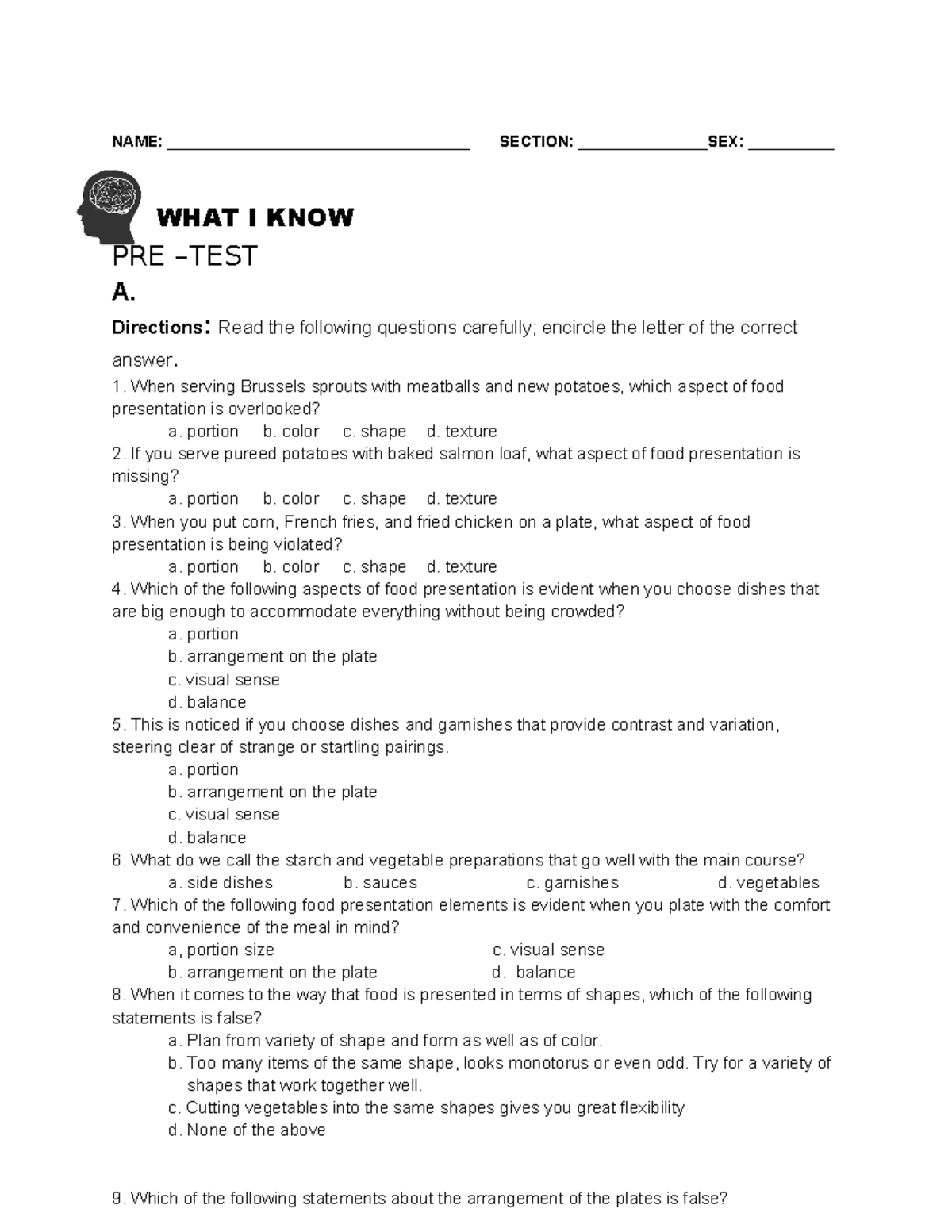 Pre-test - Pre-test for lesson - NAME ...