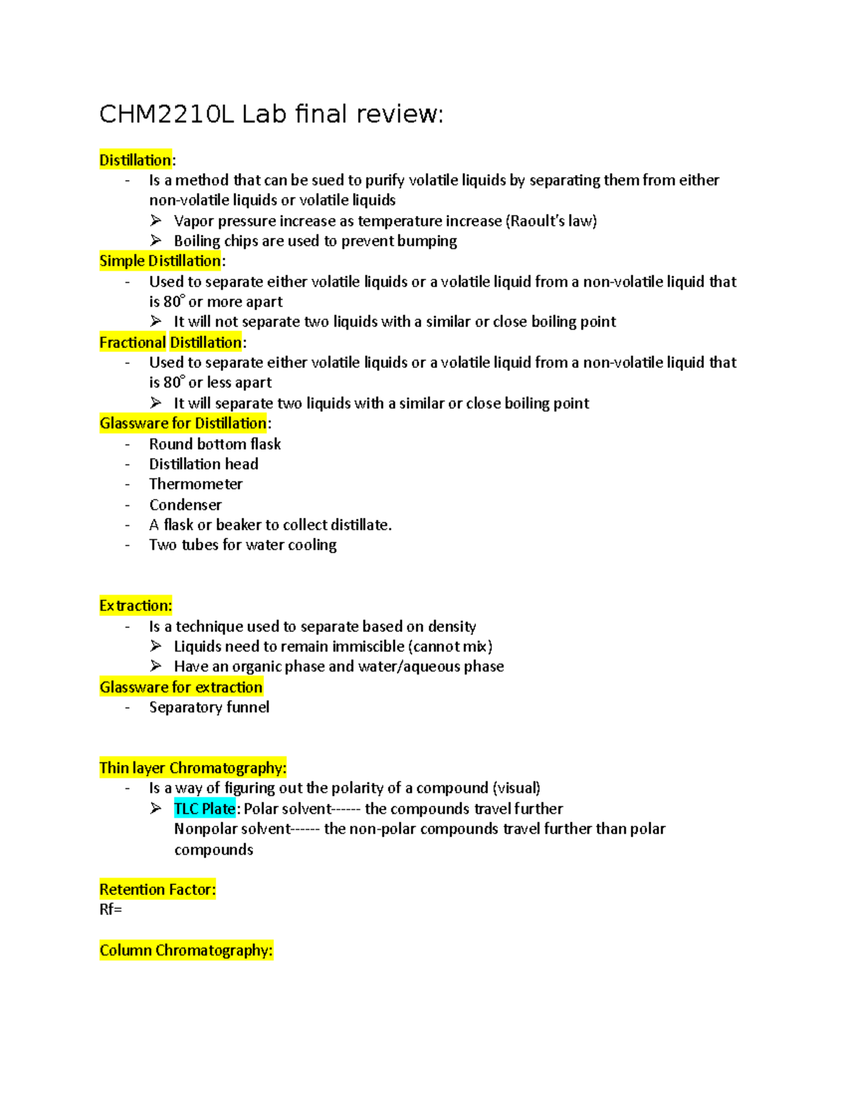CHM2210L Lab final review - CHM2210L Lab final review: Distillation ...