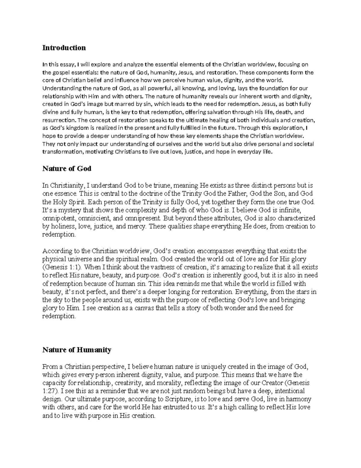 Work due - Christian World View - Introduction In this essay, I will ...