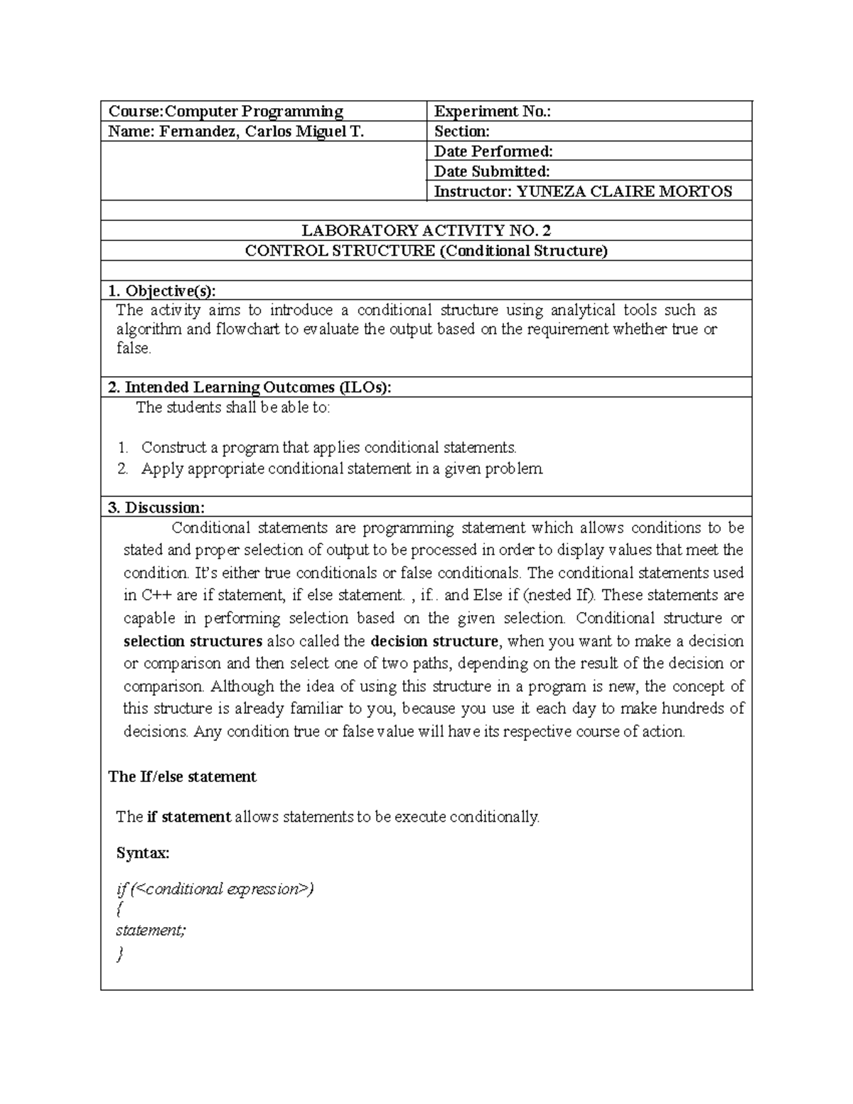 Laboratory - Course:Computer Programming Experiment No.: Name: Fernandez, Carlos Miguel T ...