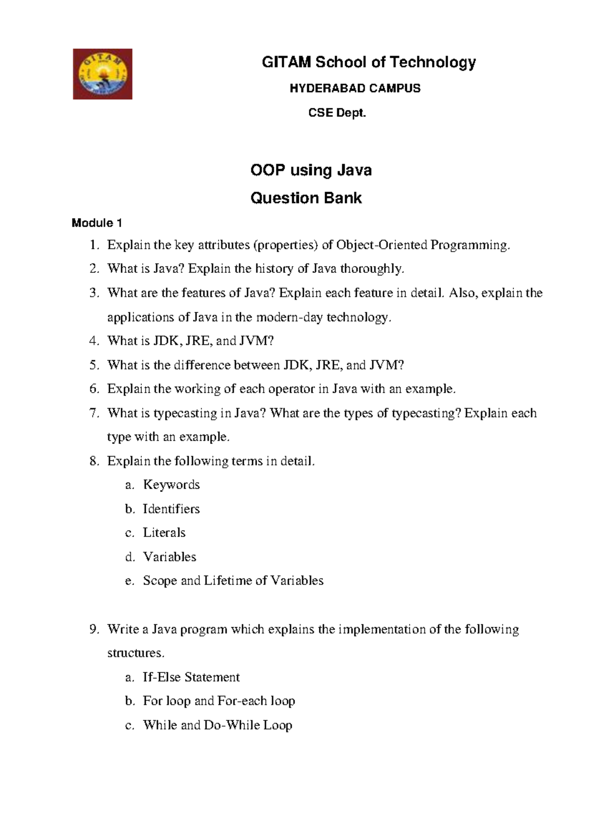 Question Bank Java justicve sjaoo0a0 - GITAM School of Technology ...
