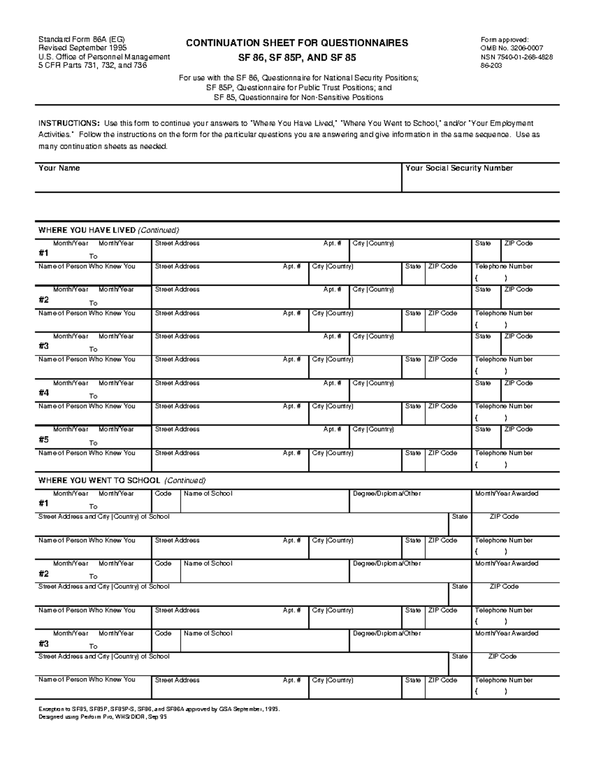 SF86A Continuation Sheet for Questionnaires SF86, SF85P and SF85 ...